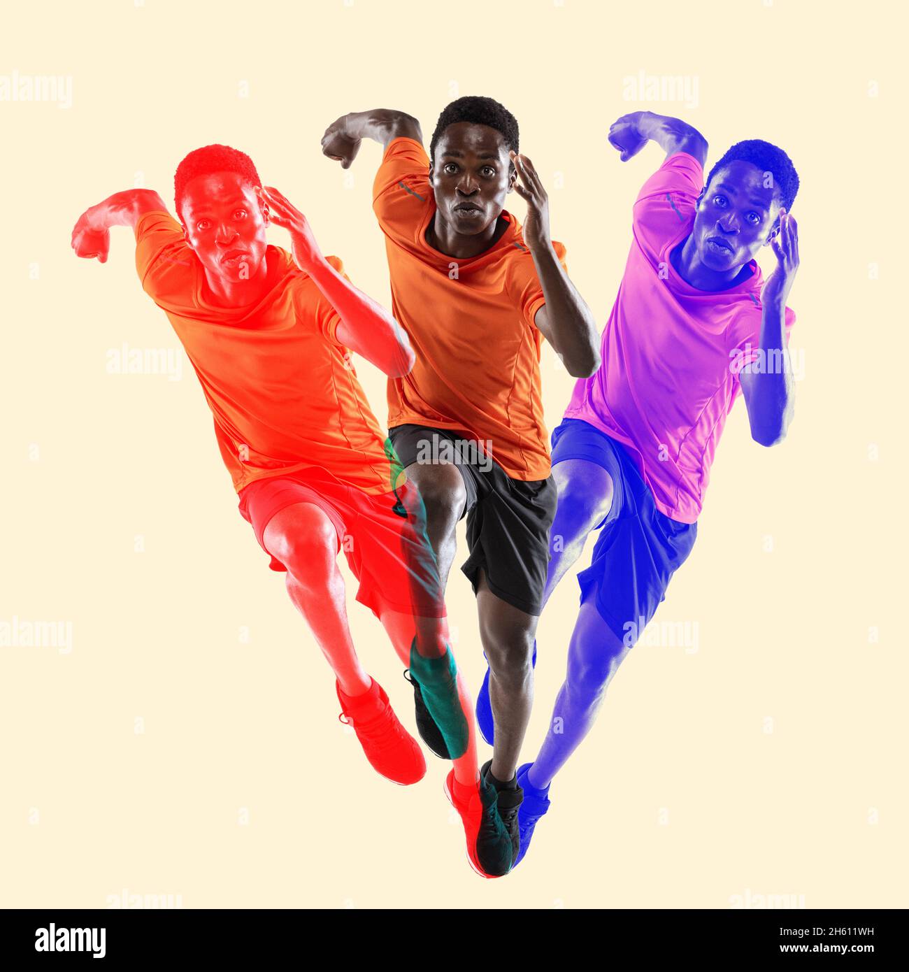 Creative collage of man, professional athlete, runner isolated over ...