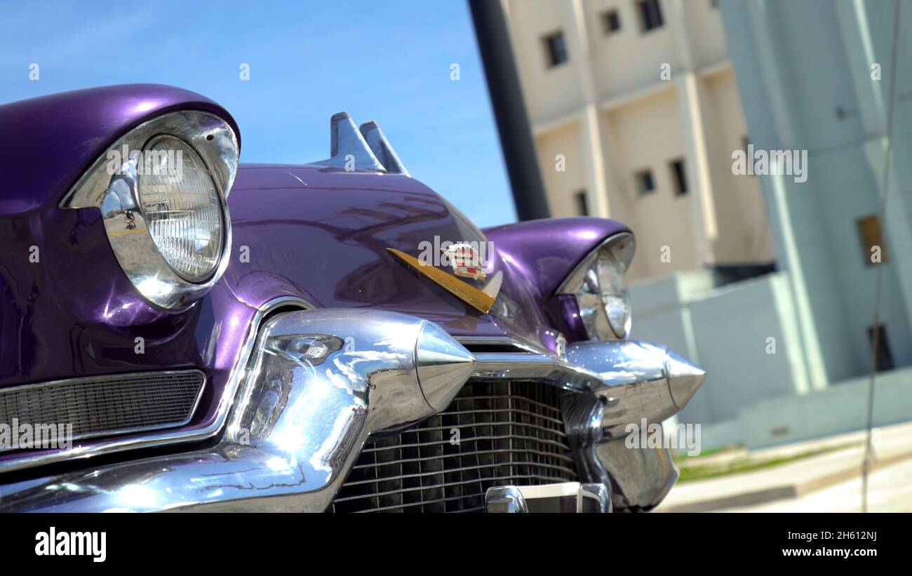 Retro Cadillac on background of sky. Actio. Luxurious retro Cadillac in ...