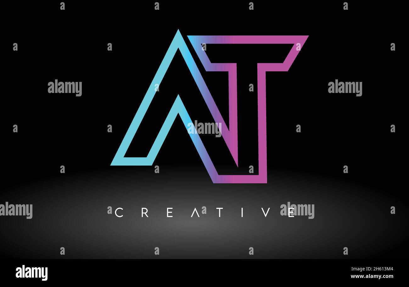 AT Neon Purple Blue Letters Logo Design. AT Outline Letter Icon Vector ...