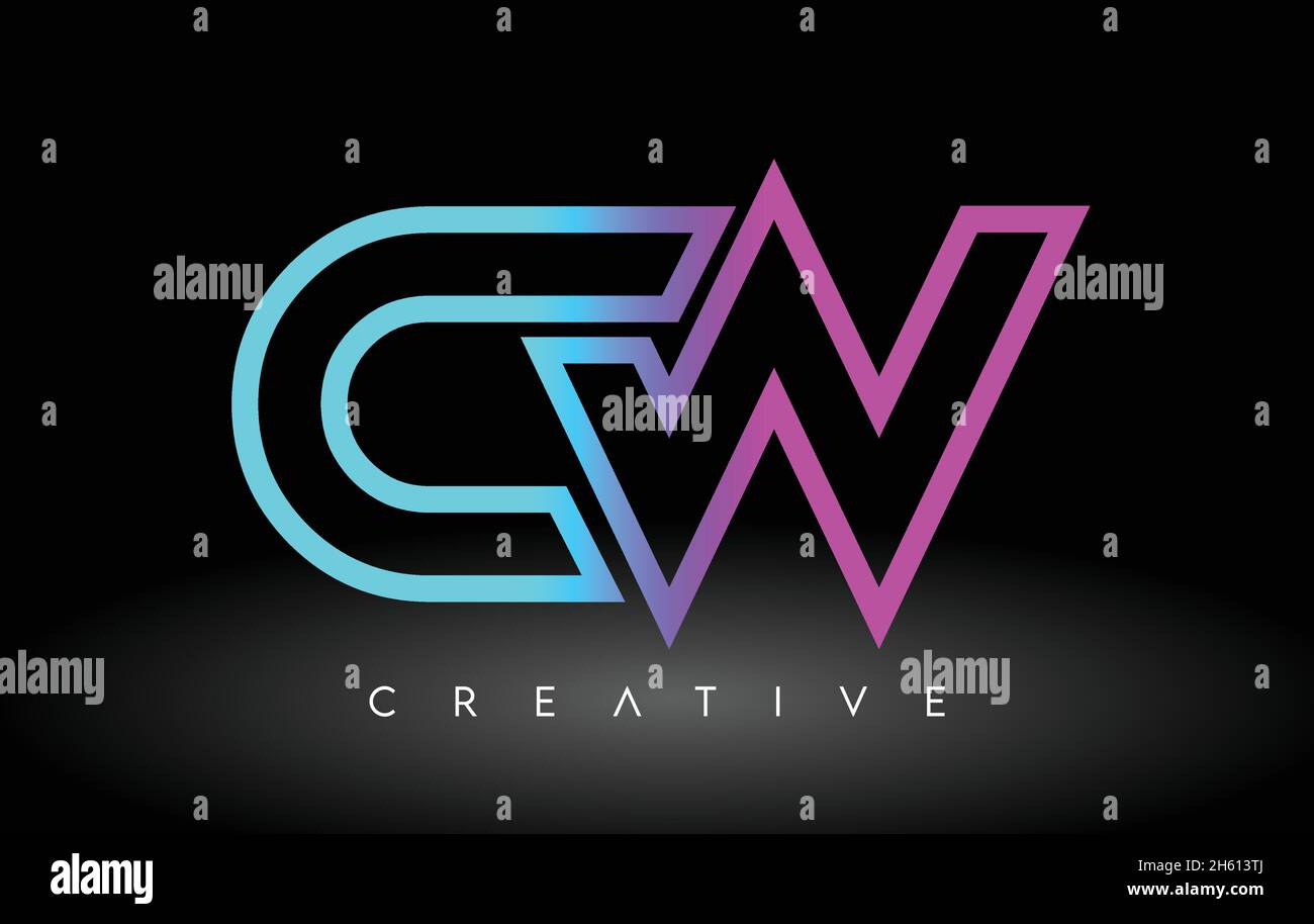 CW Neon Purple Blue Letters Logo Design. CW Outline Letter Icon Vector ...