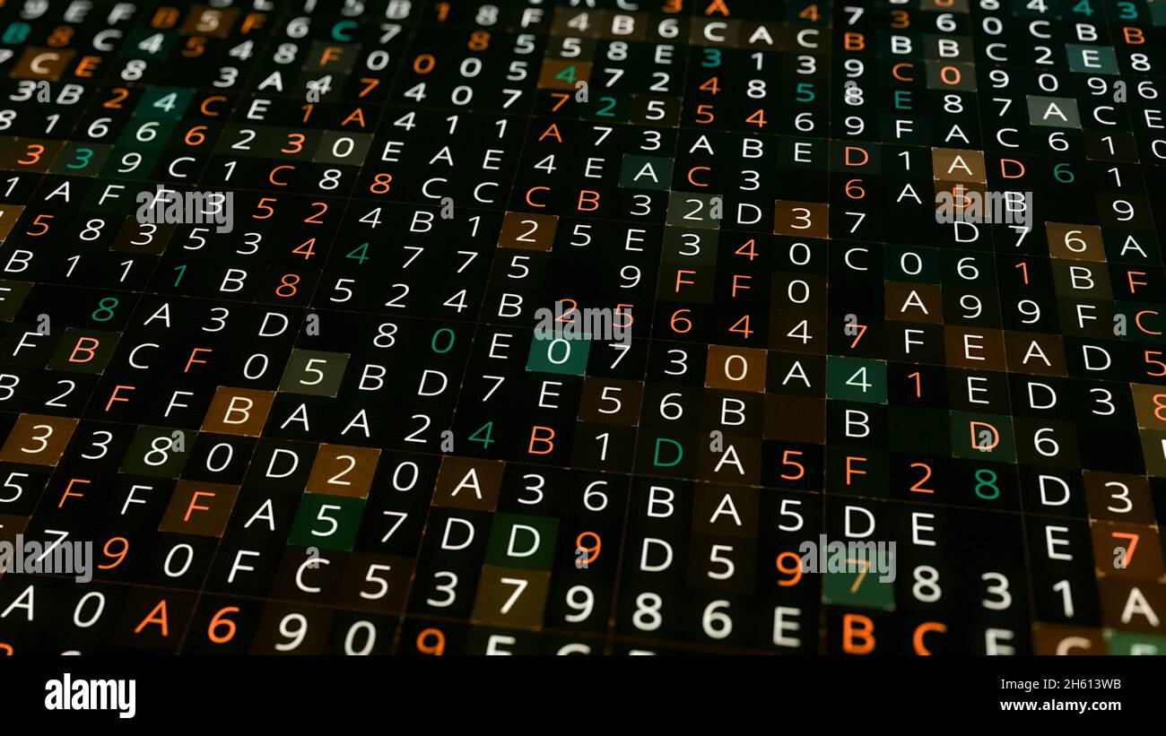 Multi-colored numbers in computer space. Animation. Database with numeric cells and letters of ...