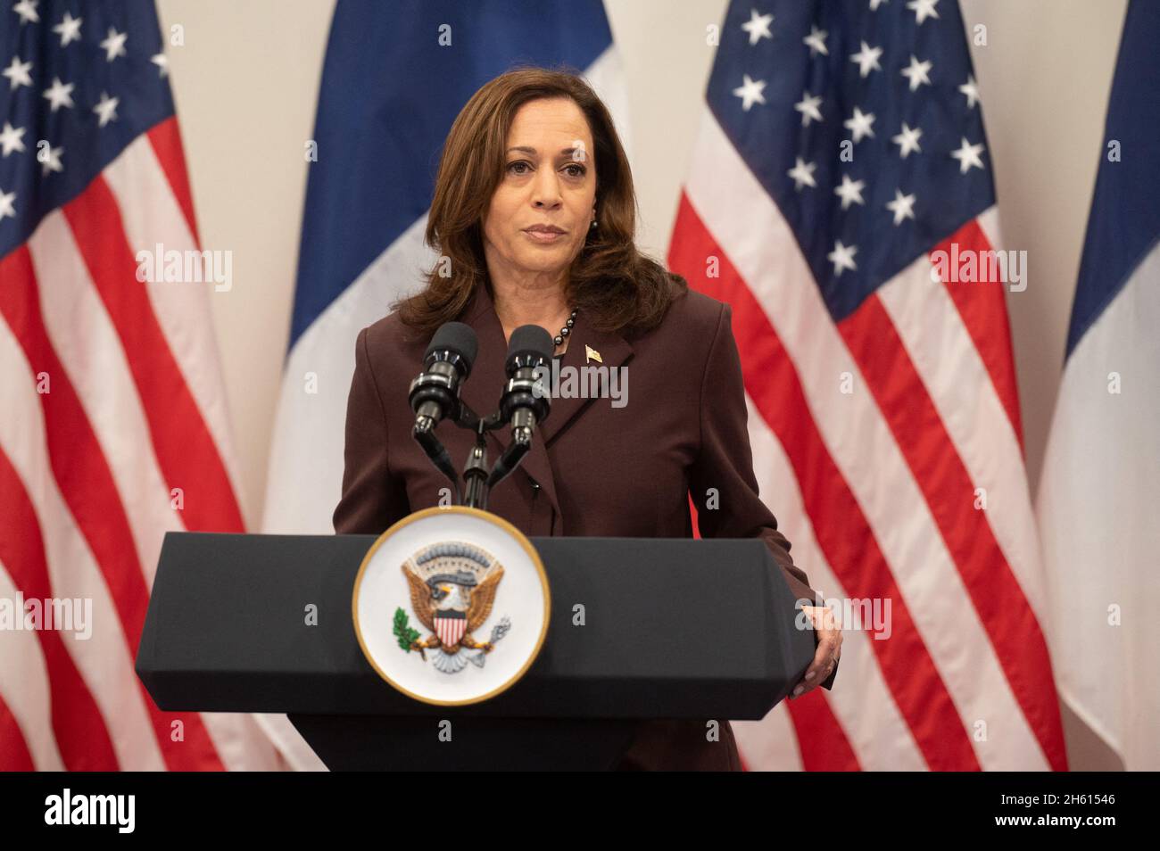 US Vice President (VPOTUS) Kamala Harris remarks during a press ...