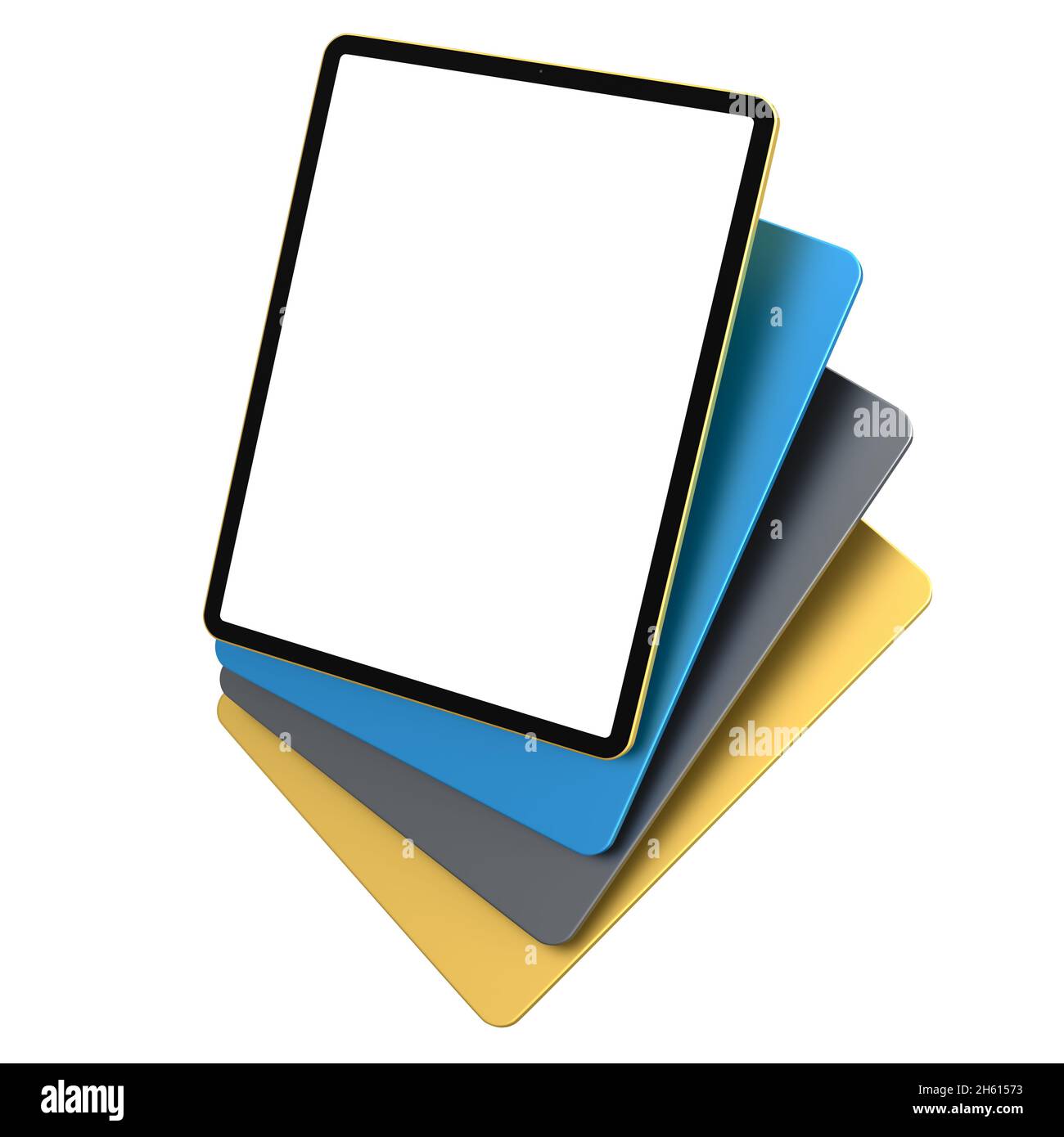 Set of computer tablets with cover case and blank screen isolated on ...