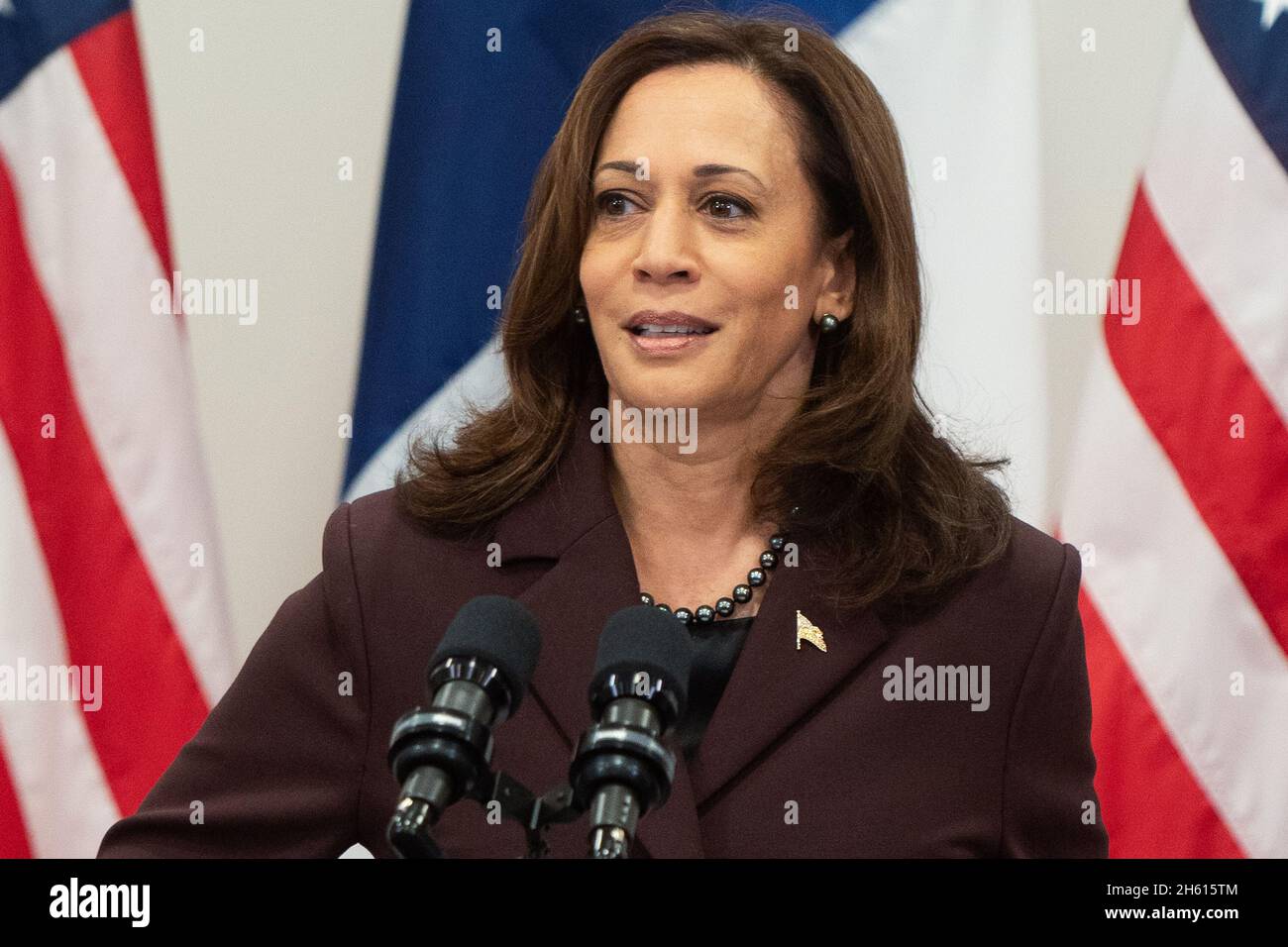 US Vice President (VPOTUS) Kamala Harris remarks during a press ...