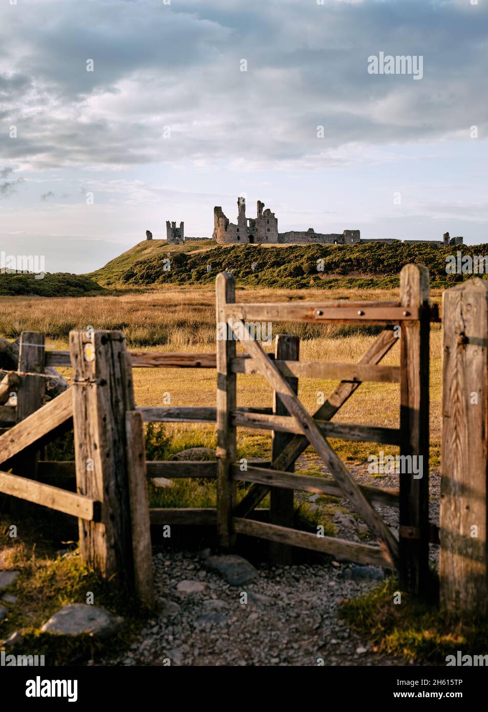 Kissing gate entrance leading to Dunstanburgh Castle summer landscape ...