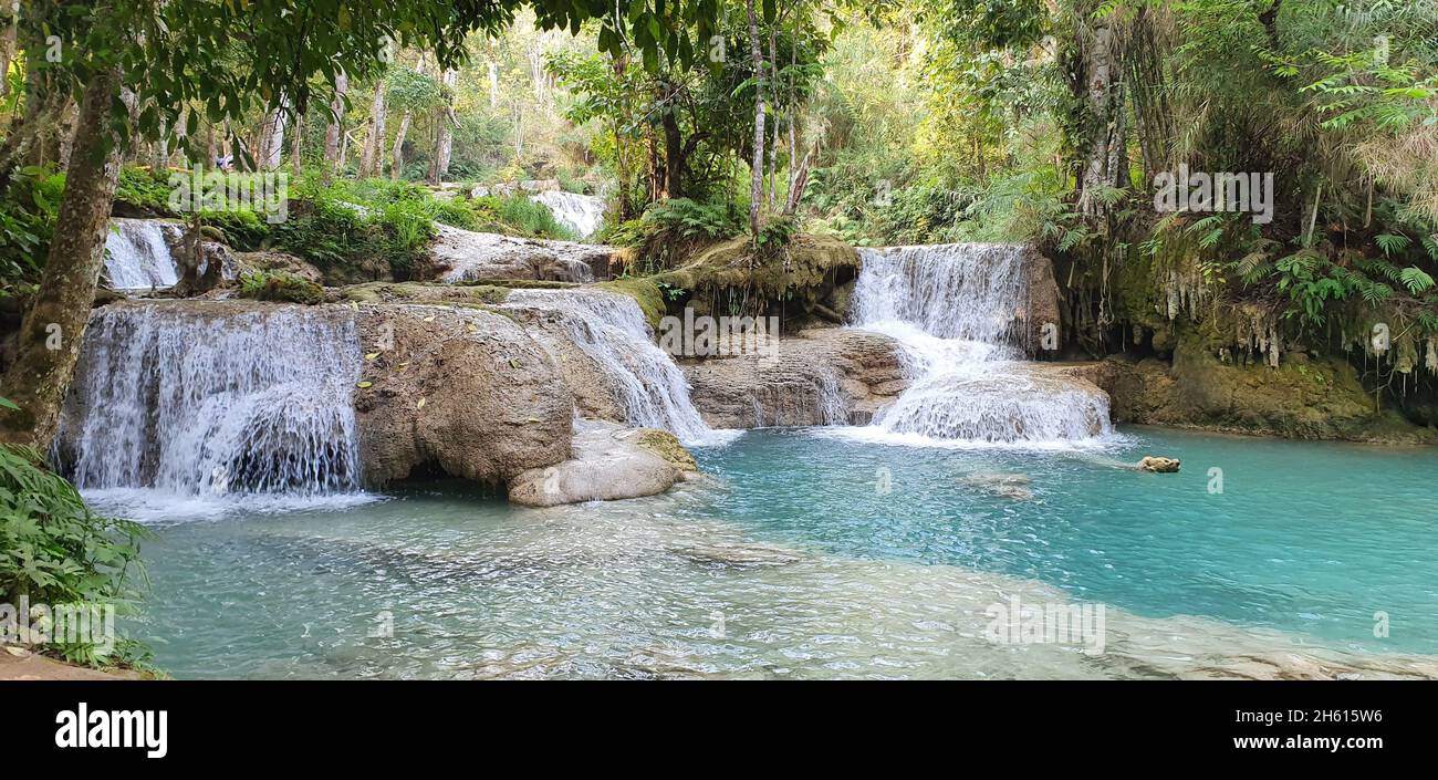 Panoramic shot of the scenic Kuang Si Waterfall (Kuang Xi Falls) in ...