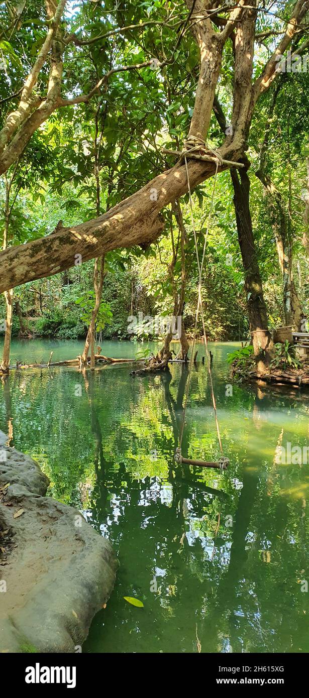 Flipped vertical shot of the scenic Kuang Si Waterfall (Kuang Xi Falls ...