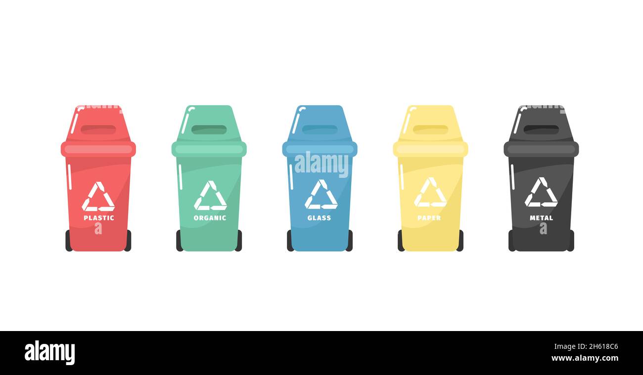 Recycle bins isolated on white background. Front view of five recycle ...