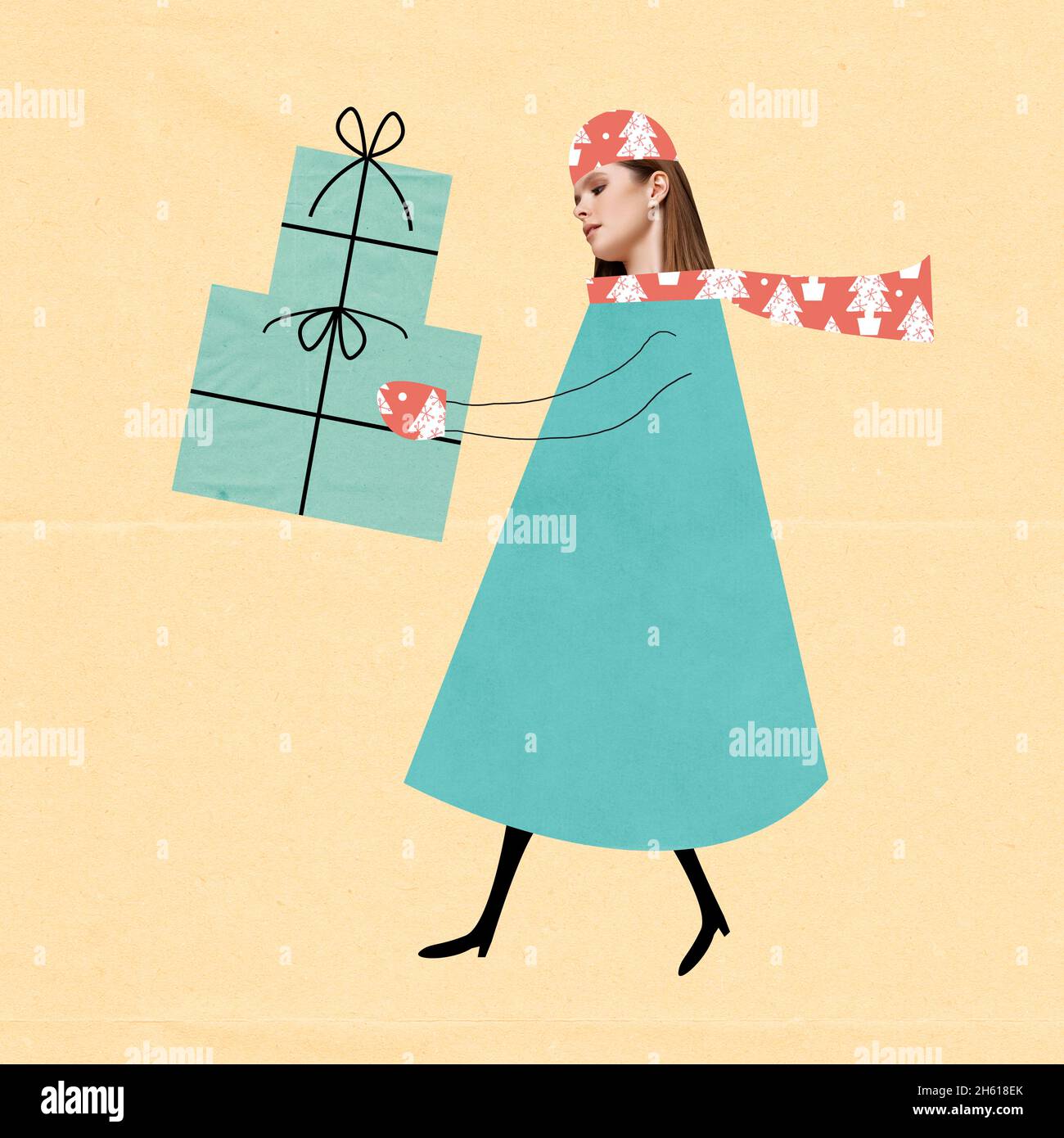 Contemporary art collage of wman with drawn elements carrying presents ...