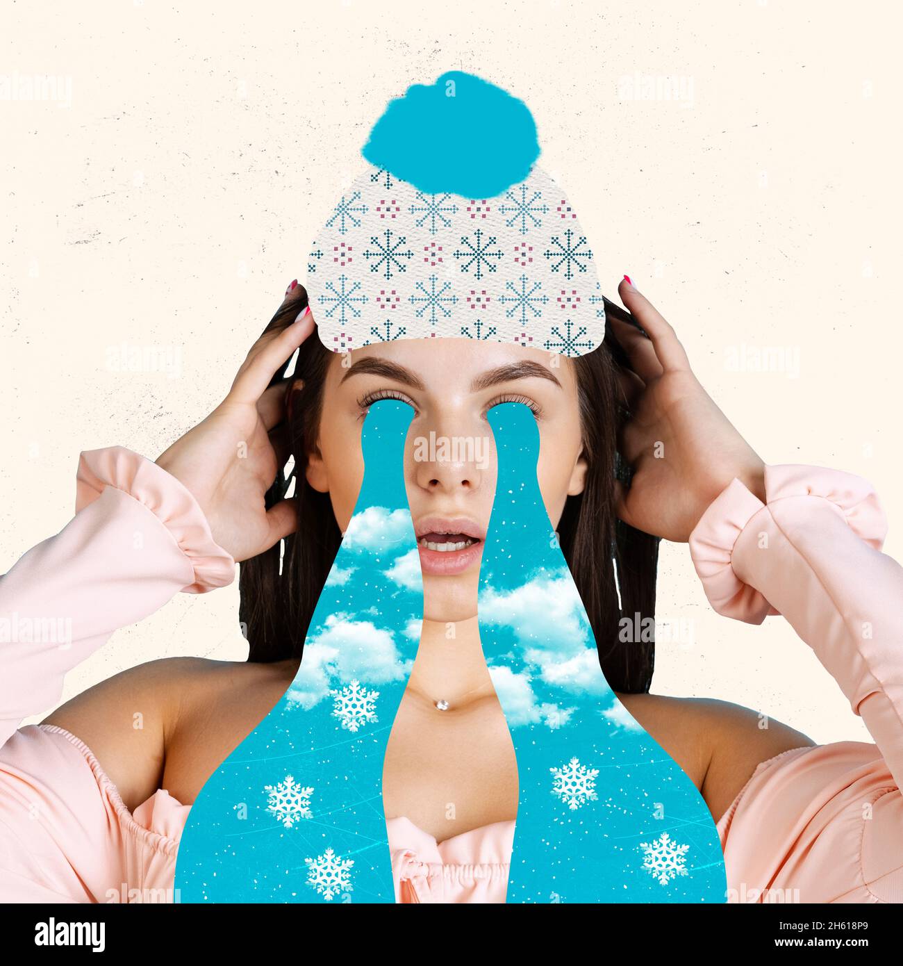 Contemporary art collage of girl crying with snowflakes and sky ...
