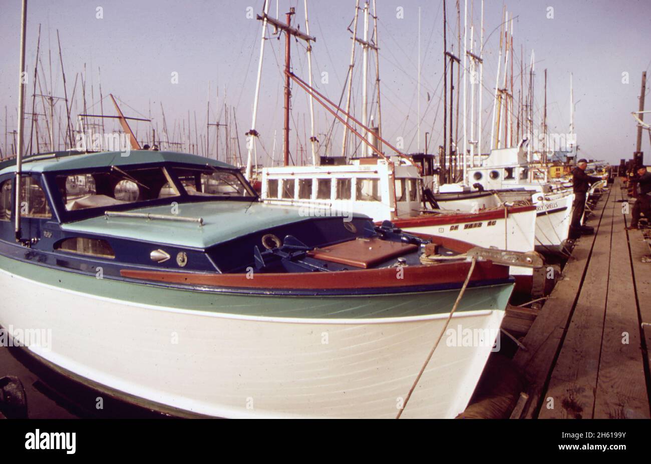 1970s America: Boats at a Bodega Bay dock in California ca. 1972 Stock ...