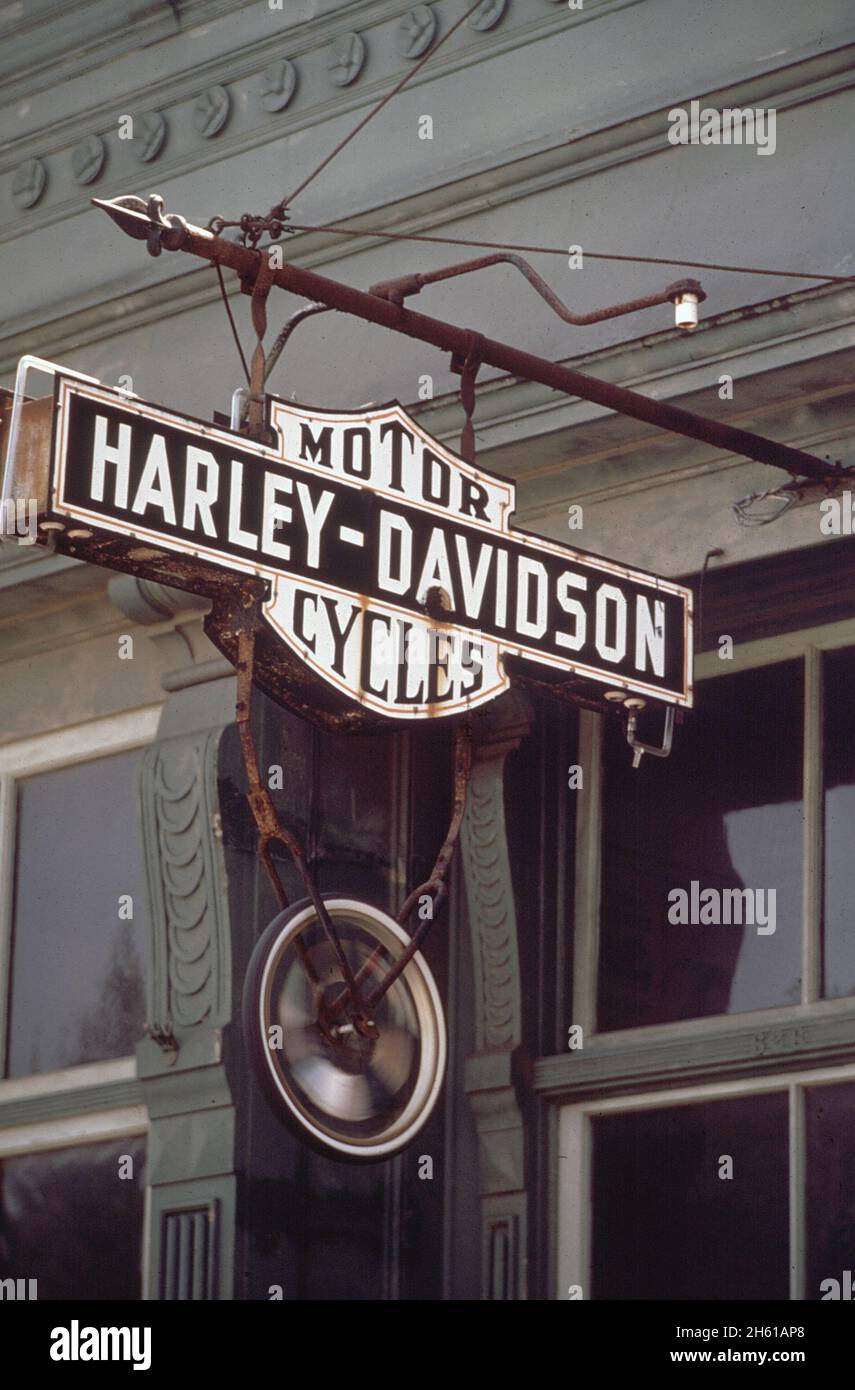 1970s America: Sign outside a Harley-Davidson Motorcycle shop in ...