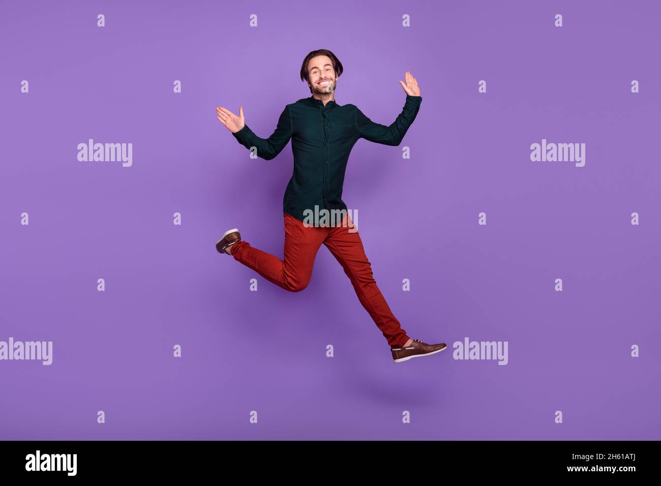 Photo of funny excited young man wear smart casual outfit smiling ...