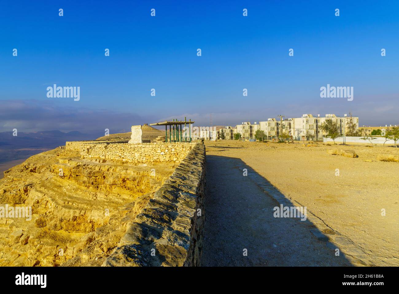 View of the town Mitzpe Ramon with Makhtesh Ramon landscape, in the ...