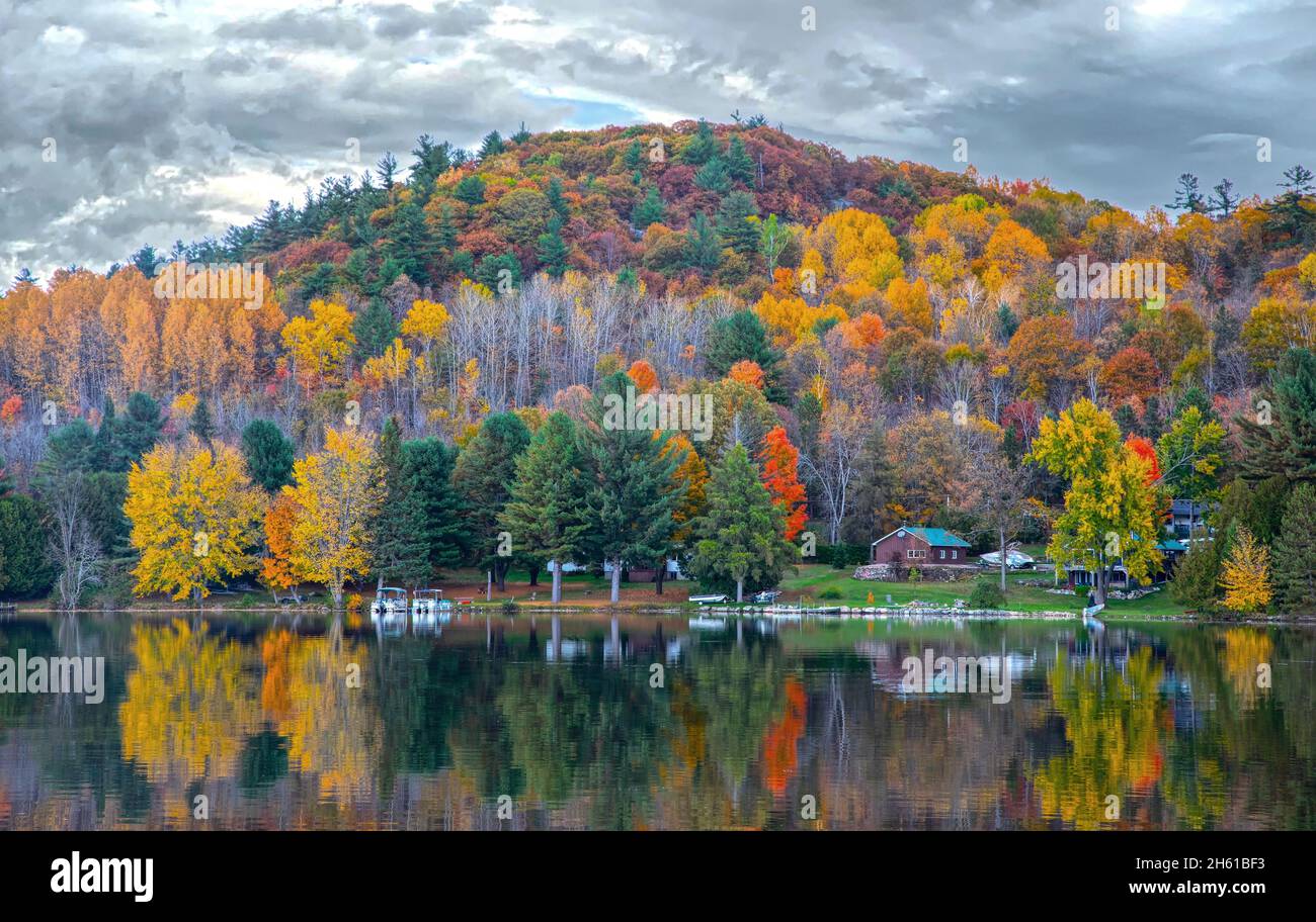Cottages along the Gatineau river in autumn with beautiful coloured ...