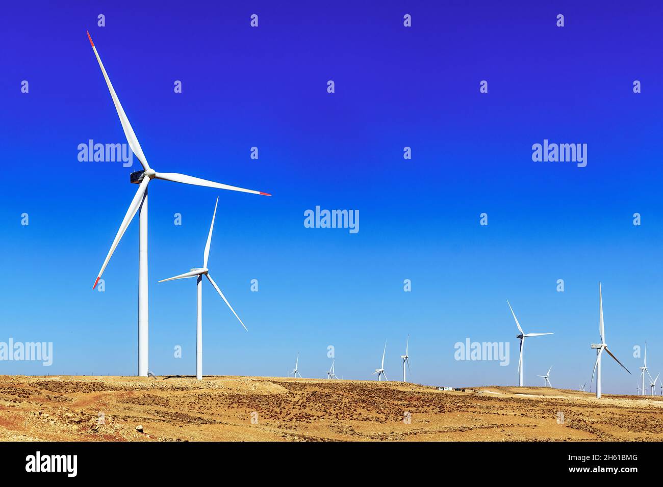 View of wind turbines along the King highway, in Southern Jordan Stock ...