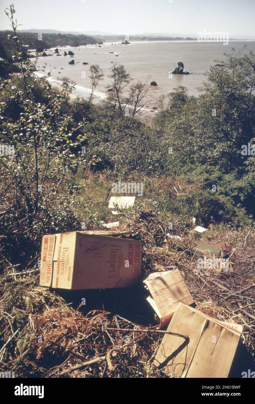 1970s America: Litter along the Pacific Ocean shoreline in California ...