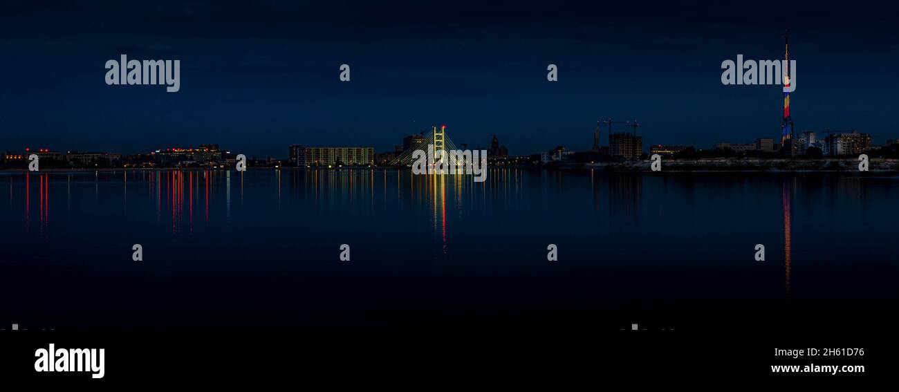 BUCHAREST, ROMANIA - Oct 03, 2020: A night view from Lake Morii, on the ...