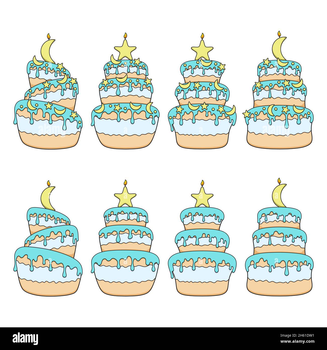 Set of color illustrations blue and white cakes with yellow stars and ...