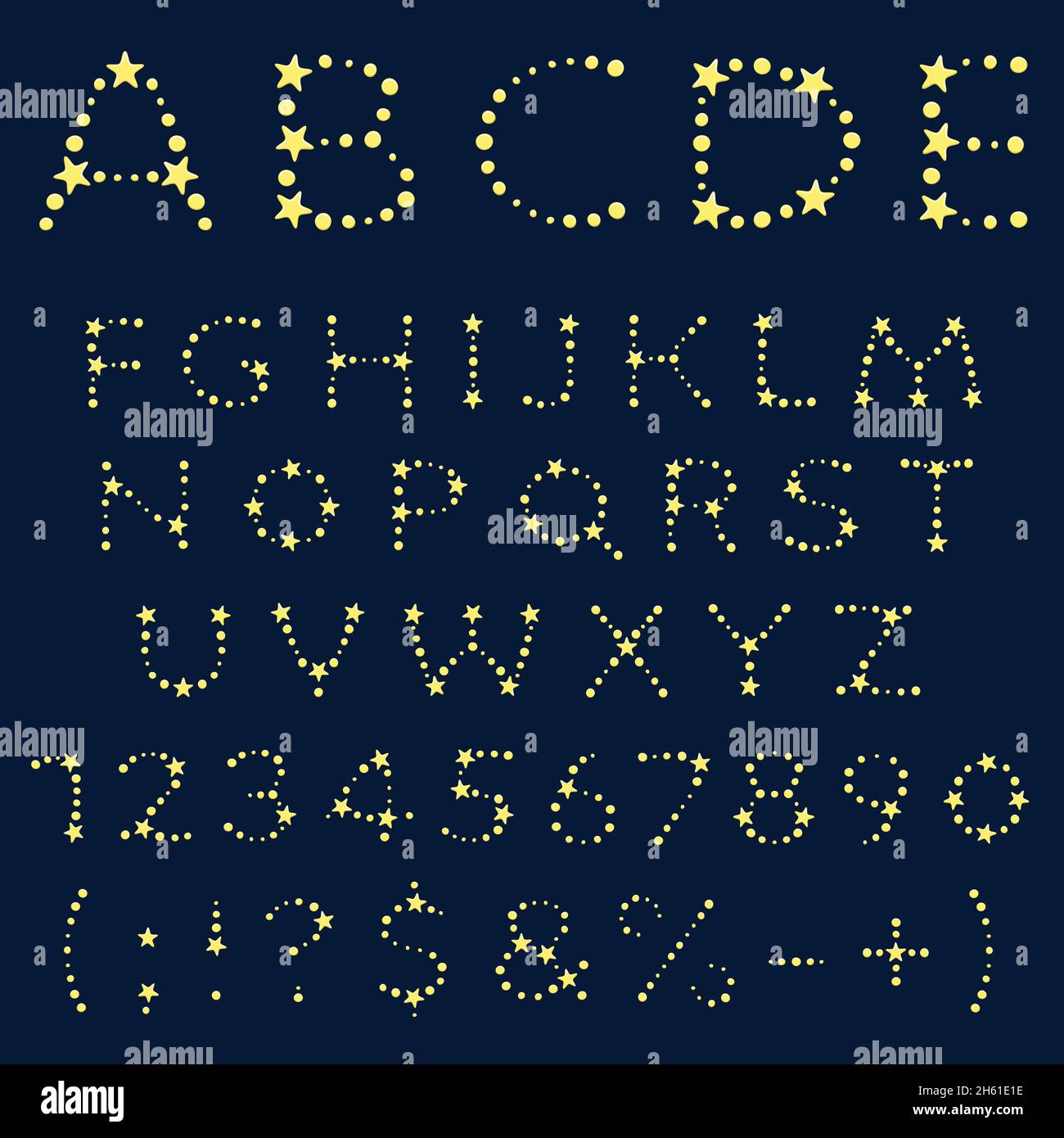 Alphabet, letters, numbers and signs of yellow stars. Isolated vector ...