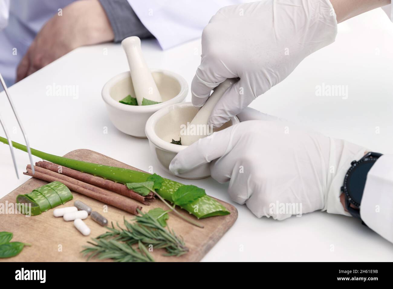 The scientist or doctor make herbal medicine from herb in the ...