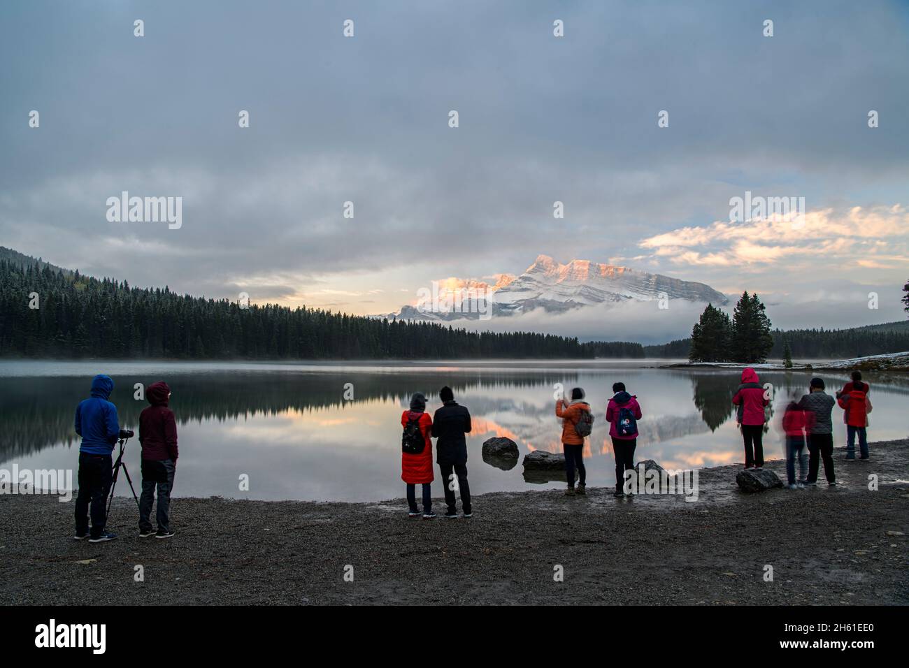 Mt. Rundle reflected in Two Jack Lake at dawn, Banff National Park ...