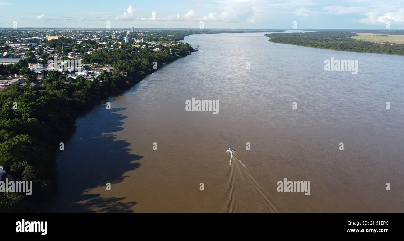 Aerial view from a boat sailing on the Rio Branco in Boa Vista, Roraima ...