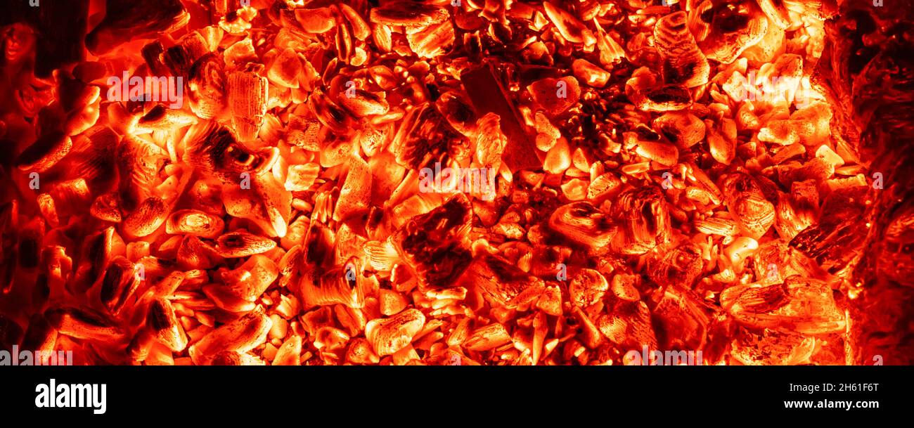 Top above overhead detail view od abstract hot red burning wooden coal ...