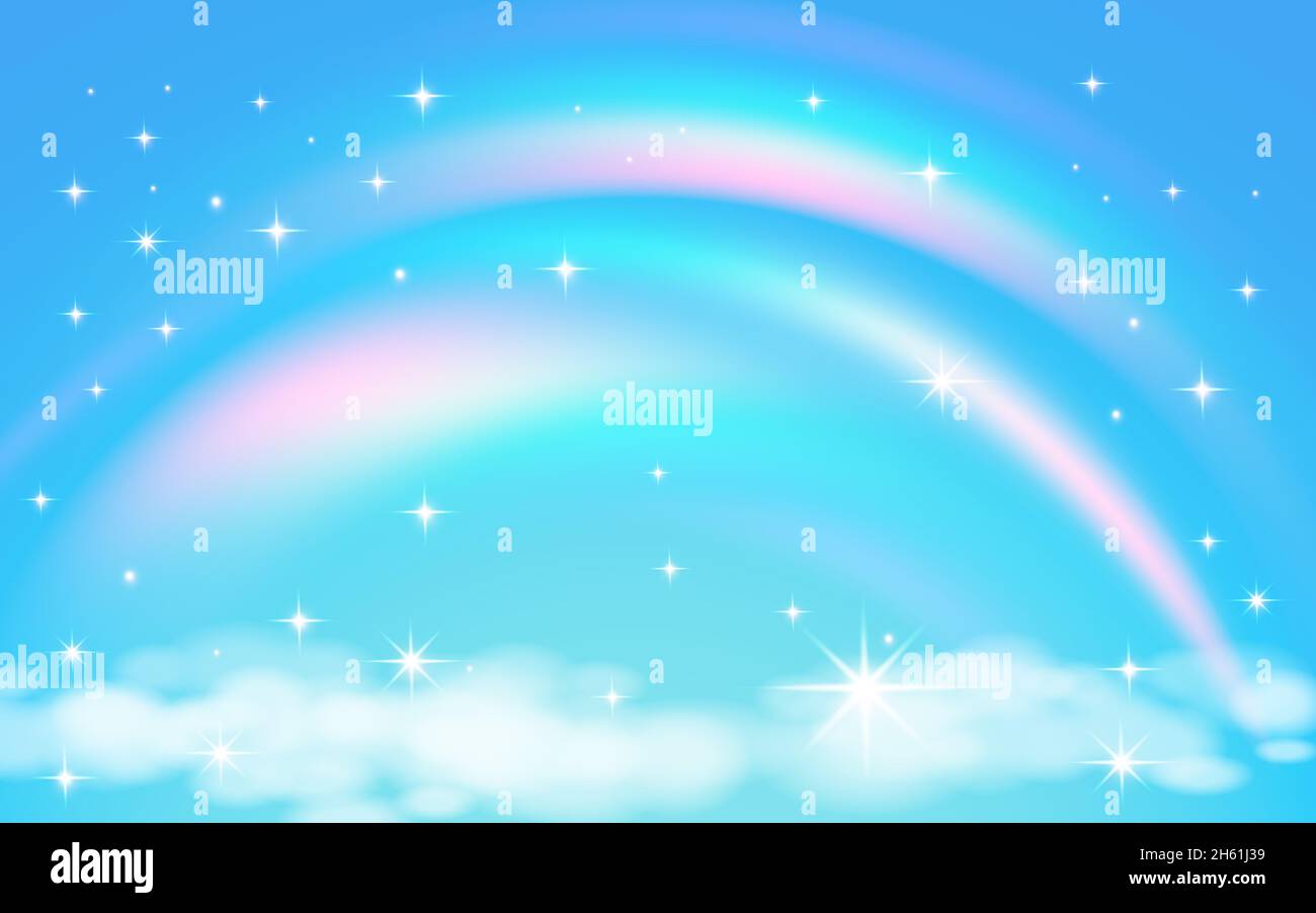 Fantasy background of magical blue sky with white clouds, rainbow and ...