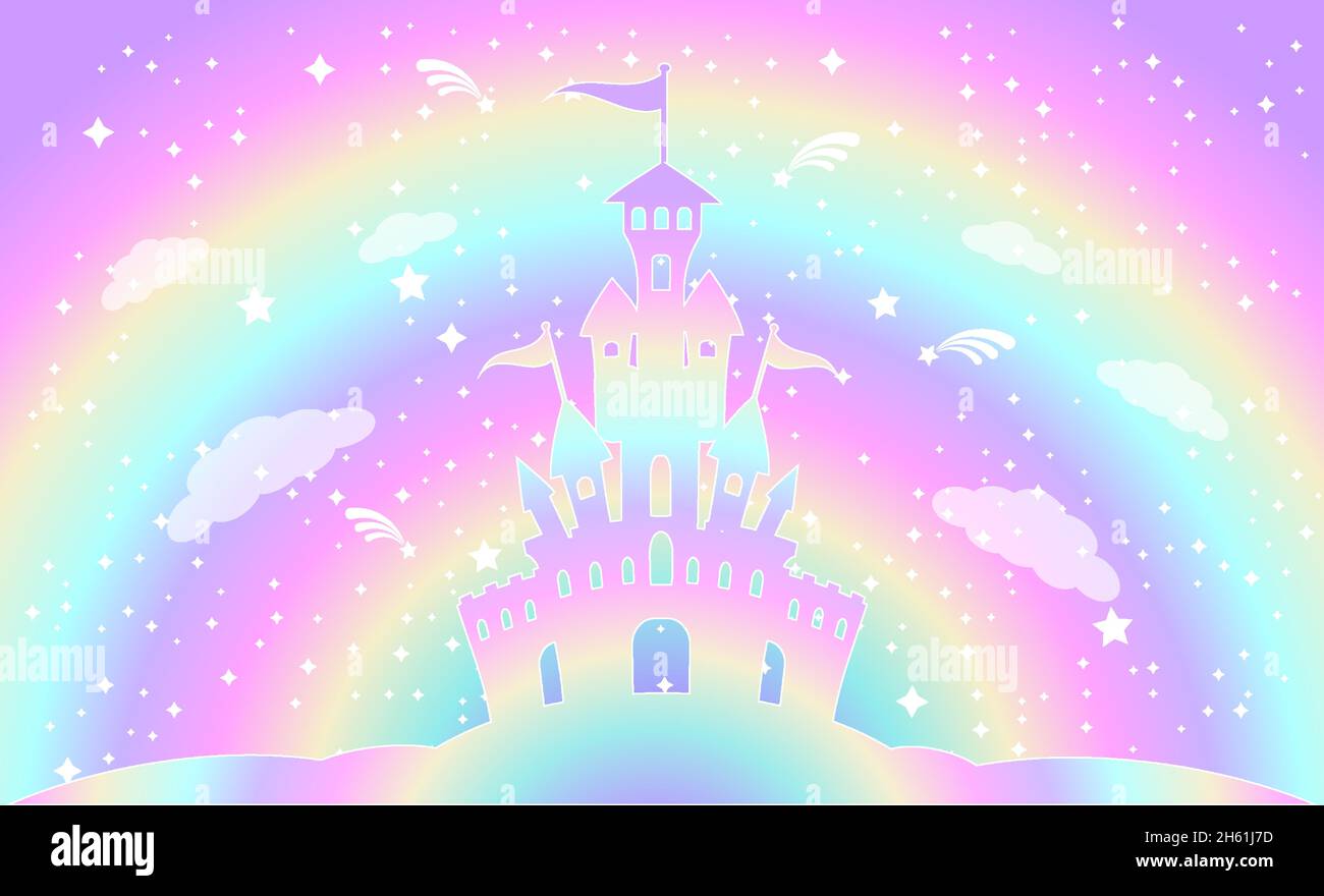 Silhouette of a magic castle on a background of a rainbow sky with ...