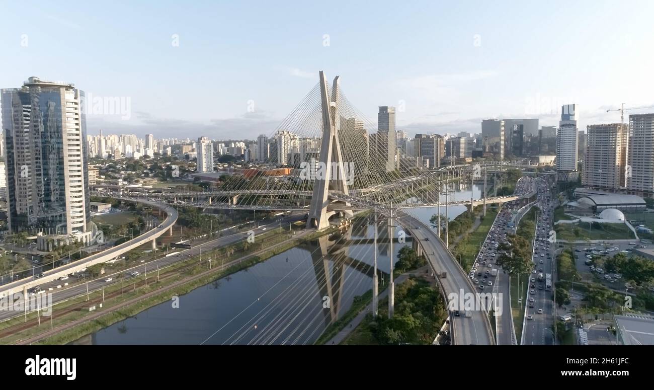 Estaiada's bridge aerial view. São Paulo, Brazil. Business center ...
