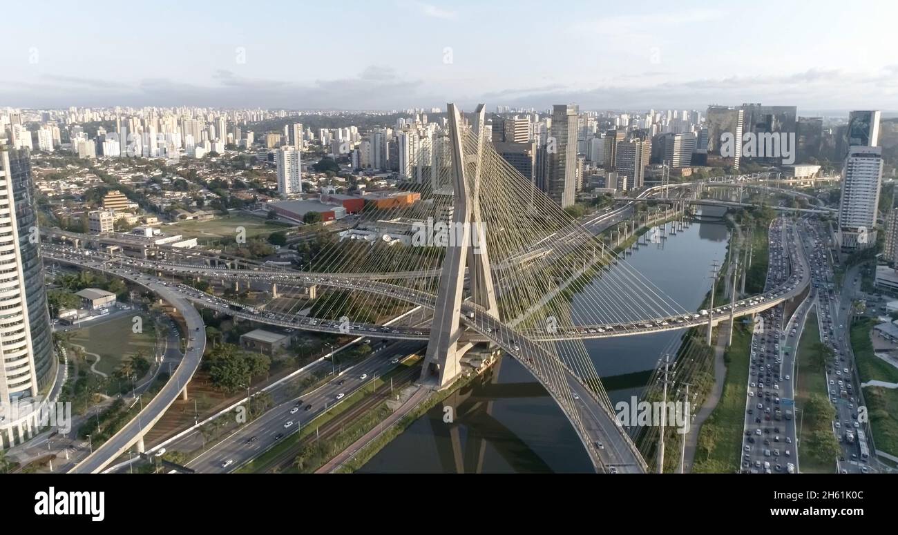 Estaiada's bridge aerial view. São Paulo, Brazil. Business center ...