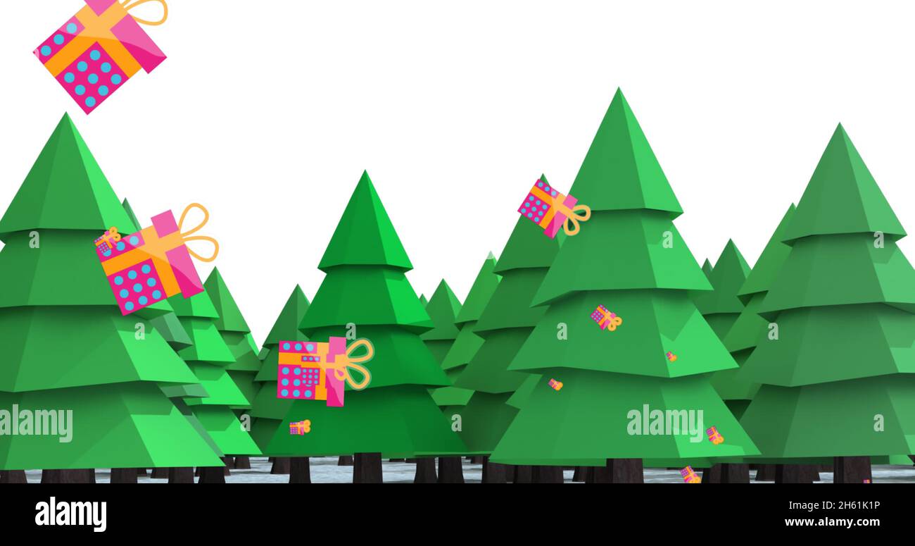 Image of presents falling over fir trees at christmas Stock Photo - Alamy