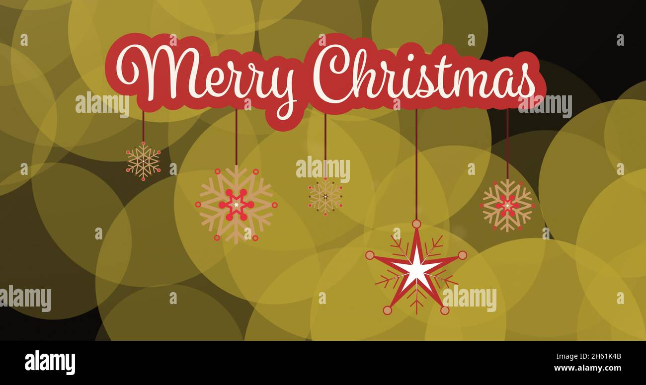Merry christmas text banner with hanging decorations against yellow ...