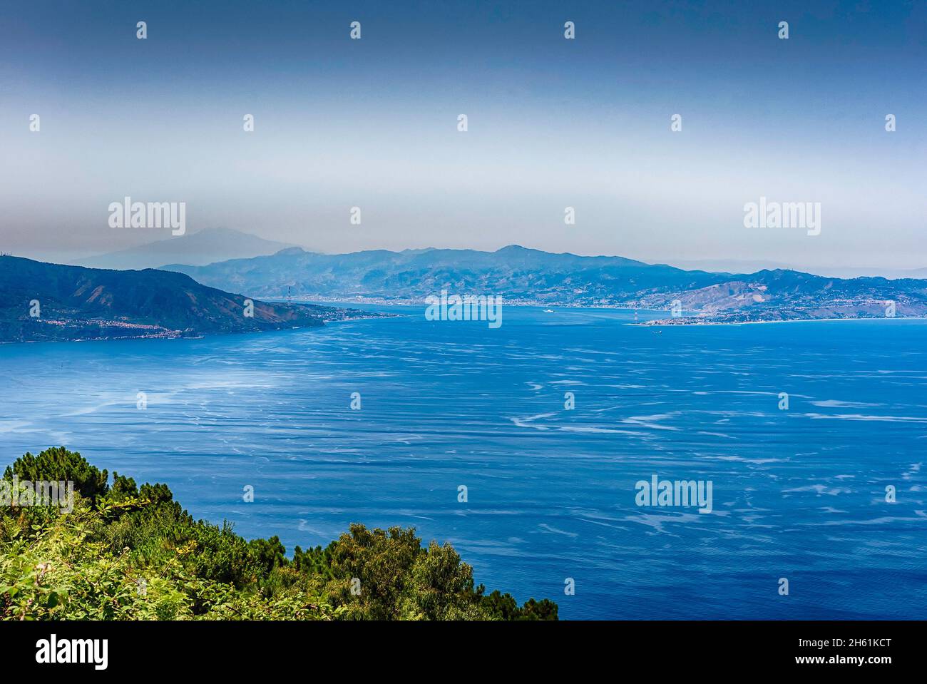 Scenic aerial view of the Strait of Messina, between the eastern tip of ...