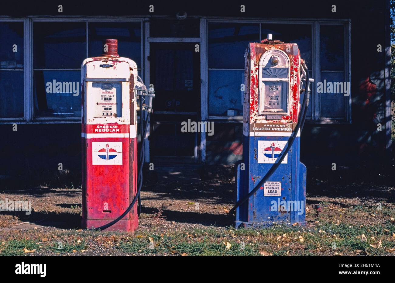 Standard gas pumps, Rt 12, Watauga, South Dakota; ca. 1987 Stock Photo ...