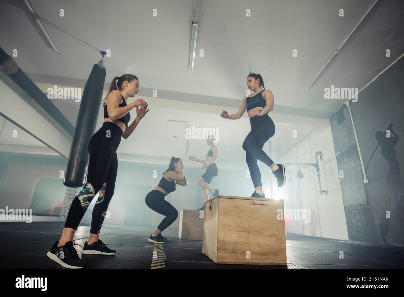 Fitness group of strong women having cross-functional training in the ...
