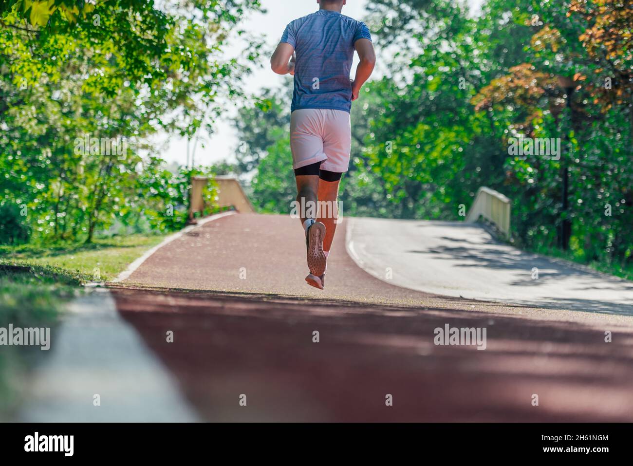 Athletic young man running on the race track in a sports park Stock ...
