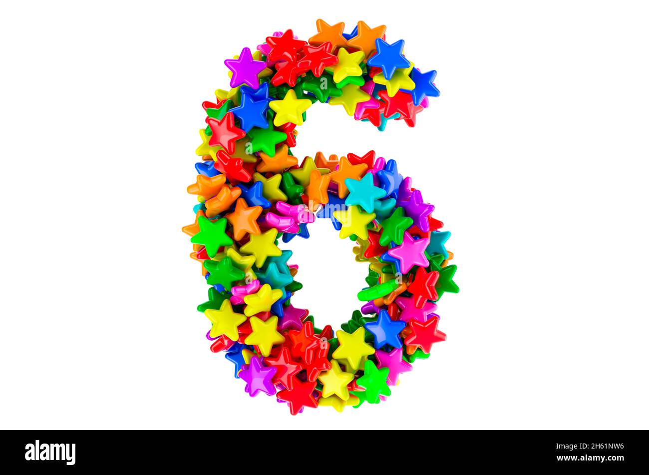 Number 6 from colored stars, 3D rendering isolated on white background ...