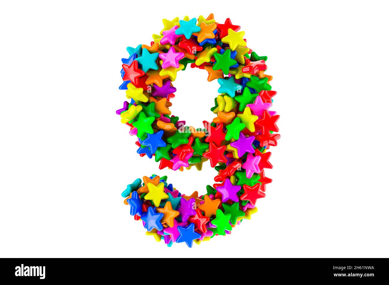 Number 9 from colored stars, 3D rendering isolated on white background ...