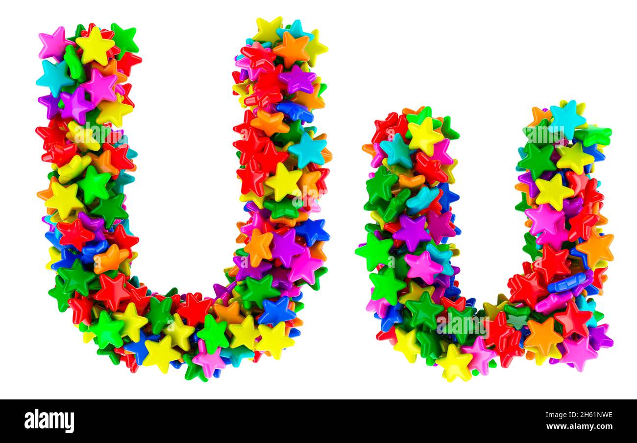 Letter U from colored stars, uppercase and lowercase letters. 3D ...