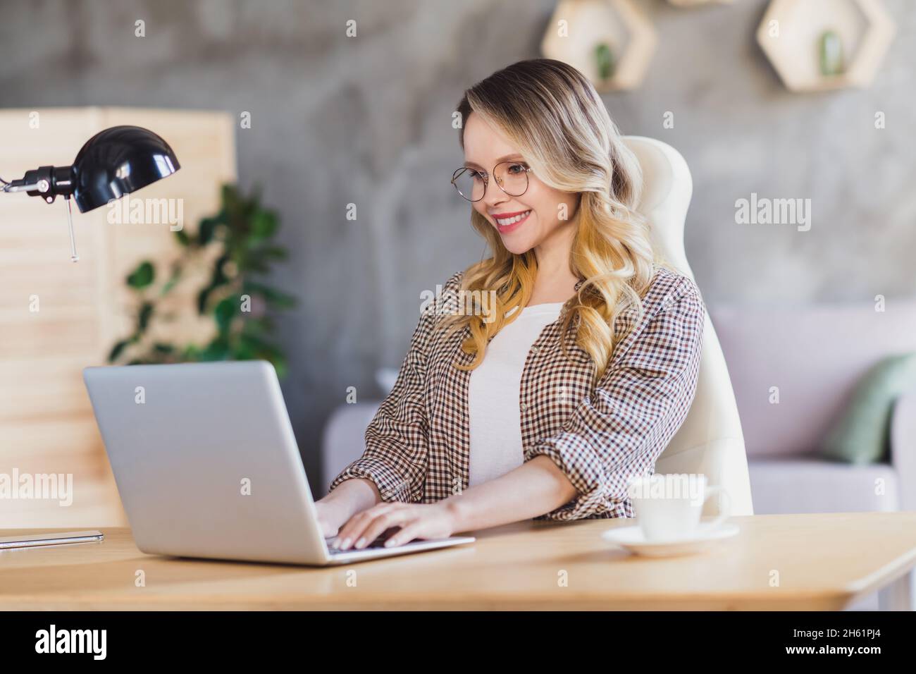 Photo of pretty cute young woman dressed checkered shirt glasses ...