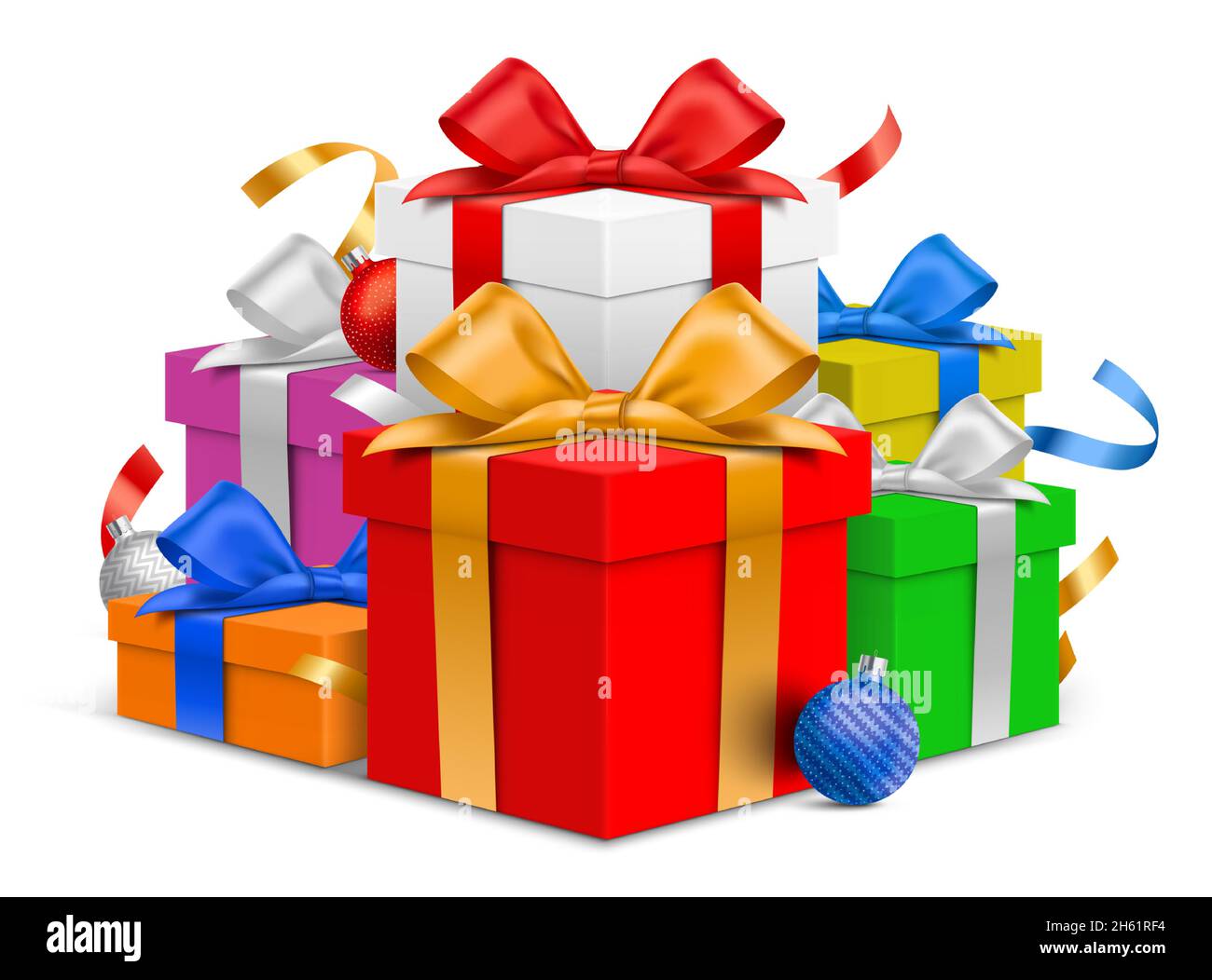 Bunch of colorful gift boxes, with Christmas tree balls, and ribbons ...