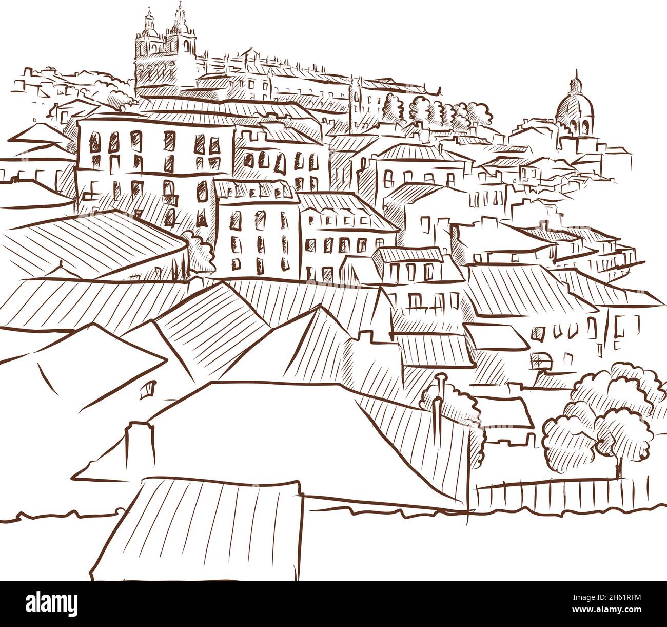 Roofs of Lisbon, Portugal drawing cityscape - hand drawn sketch ...