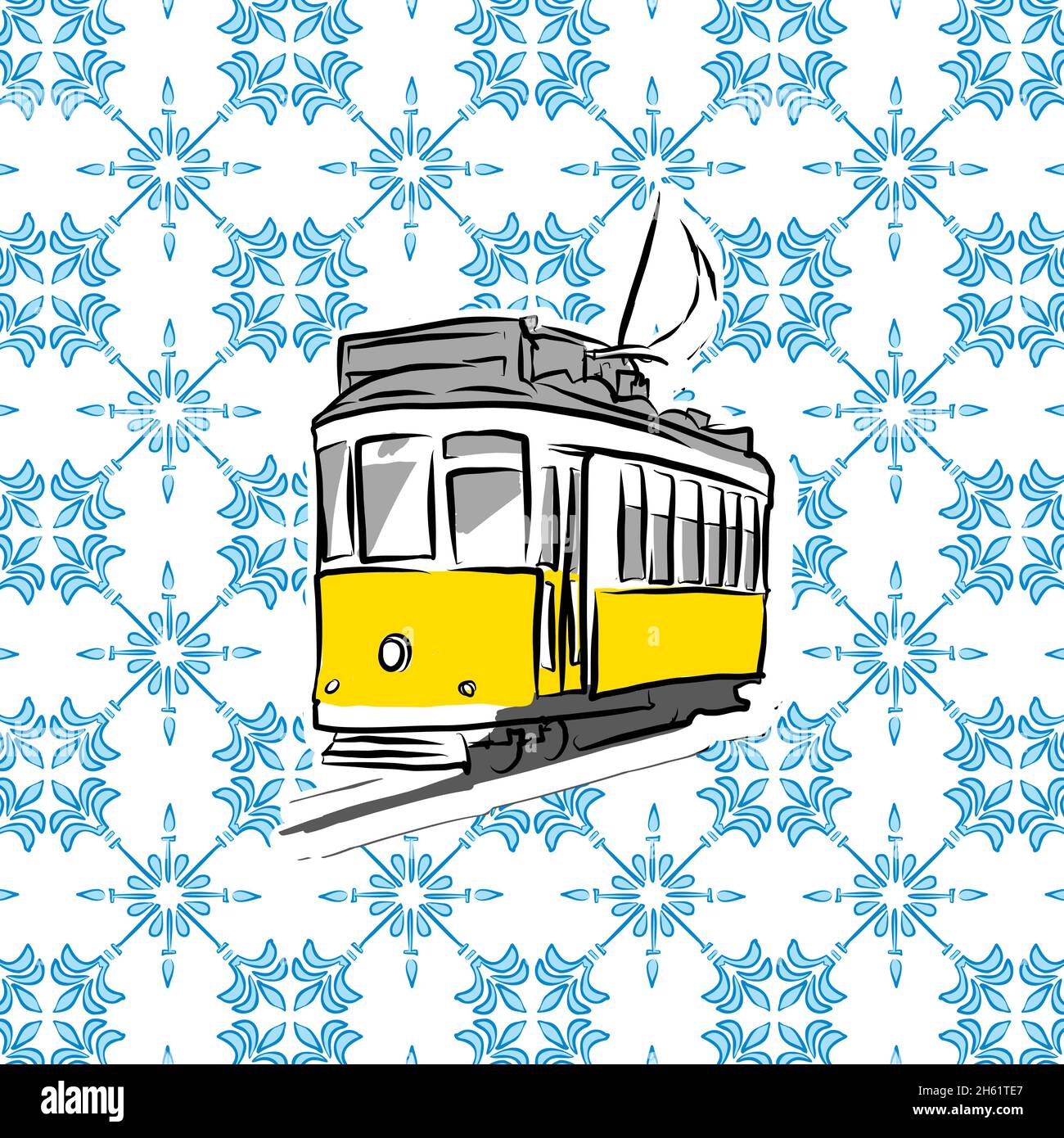 Lisboa tram on blue background. Vector patterns abstract background for ...
