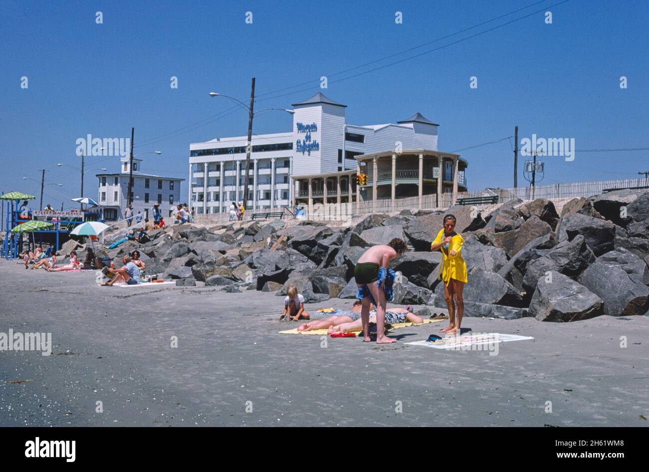 Beach, boardwalk, Lafayette, Cape May, New Jersey; ca. 1978 Stock Photo ...