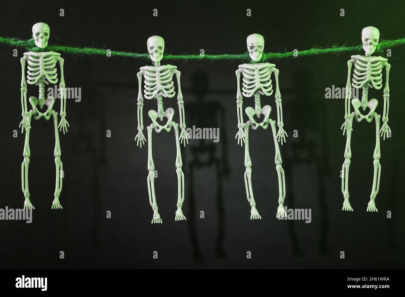 Four skeletons suspended by the neck on a rope with silhouettes on a ...