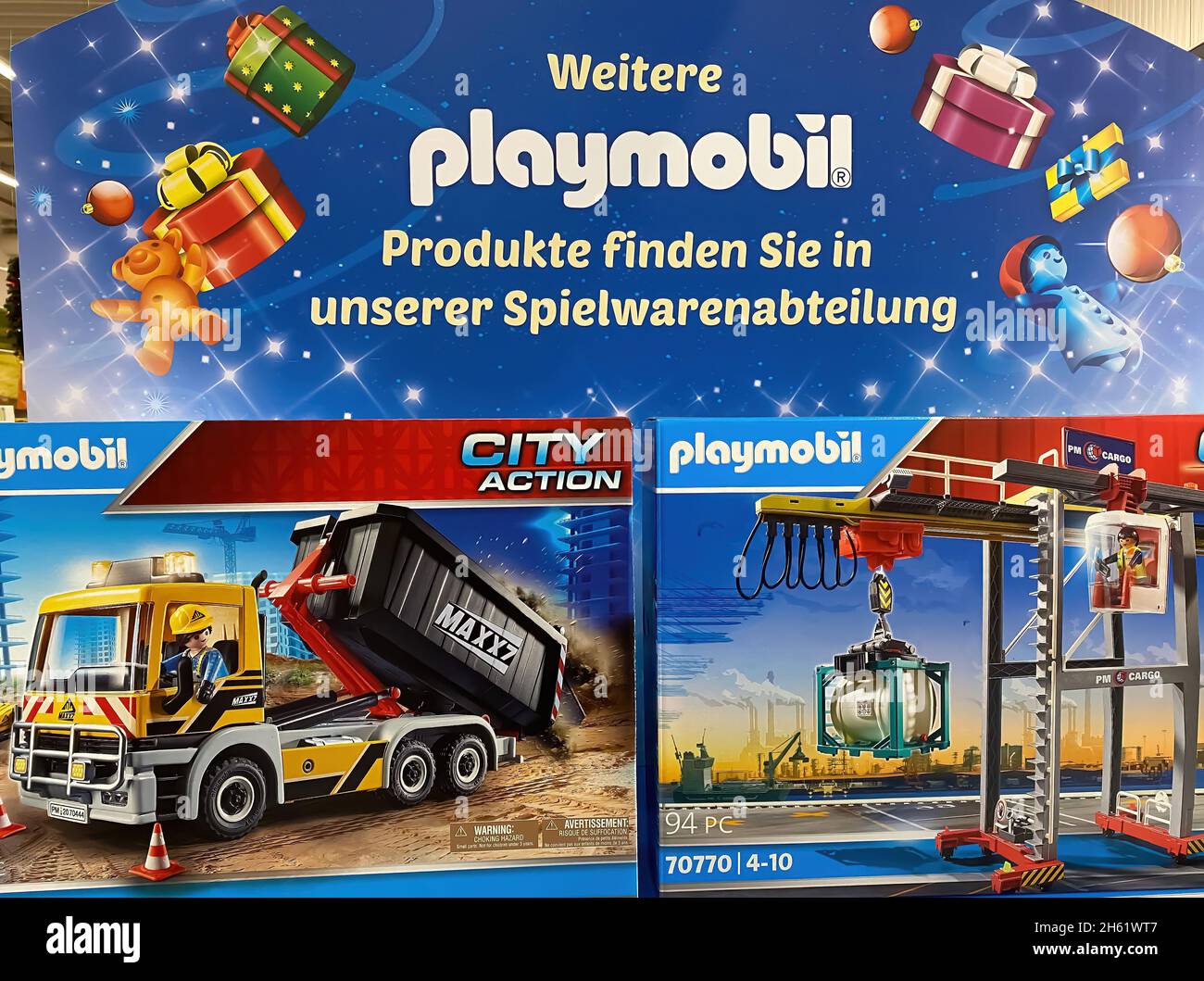 Viersen, Germany - June 9. 2021: View on stand with playmobil toy boxes ...