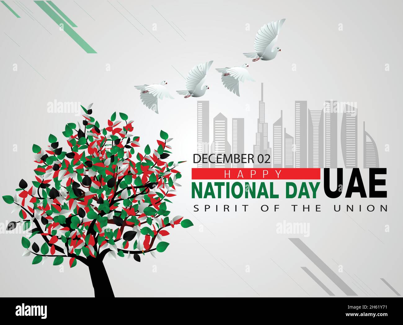 happy national day uae pigeon flying with colorful UAE flag tree ...