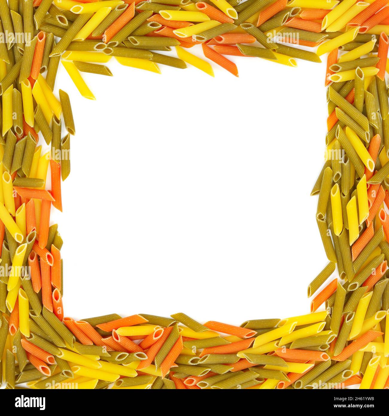 Colored dry macaroni isolated on white background. Square frame of ...
